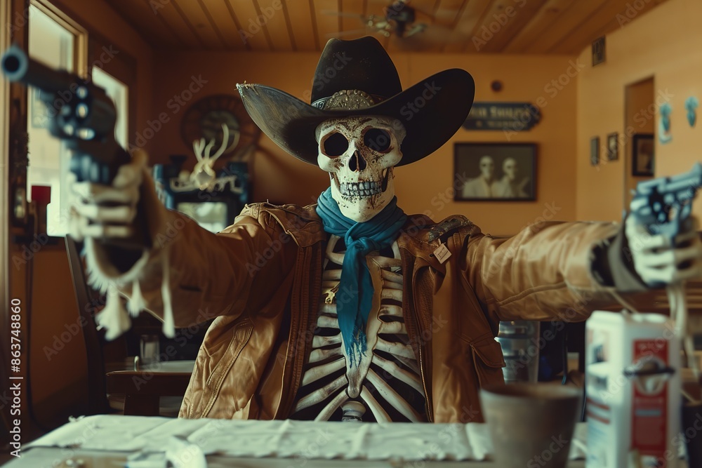 Old West Skeleton Revolver. Old west bandit outlaw skeleton at a poker ...