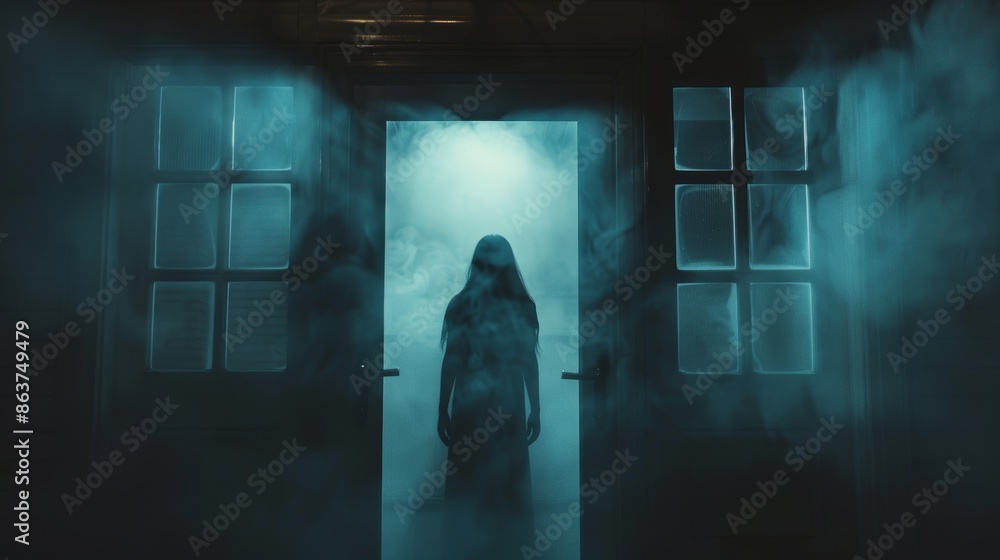 Unnerving silhouette of shadow figure through closed glass door, spooky ...