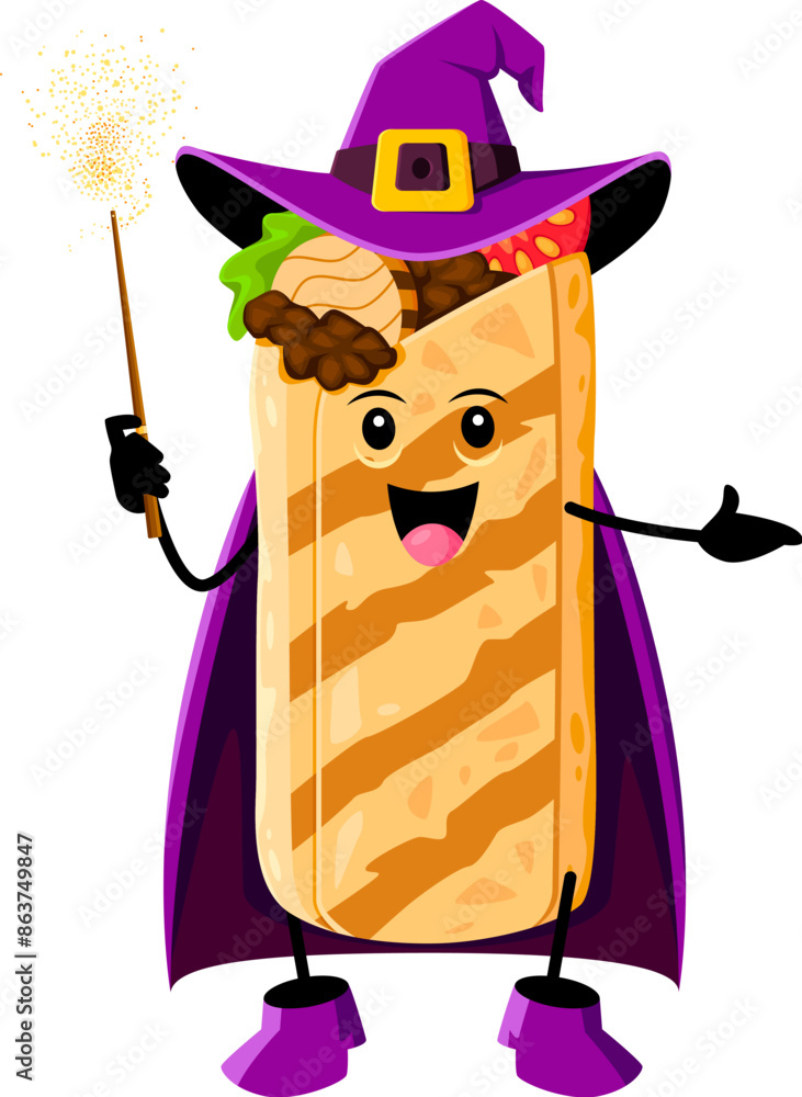 Cartoon Halloween burrito tex mex fast food wizard and witch character ...