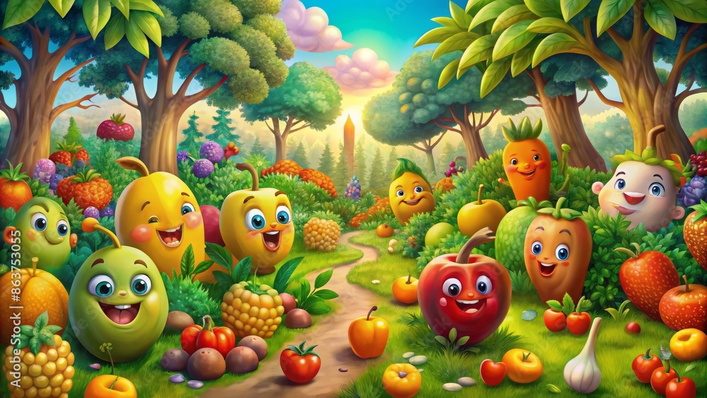 Vibrant, colorful cartoon fruits, including smiling apples, bananas ...