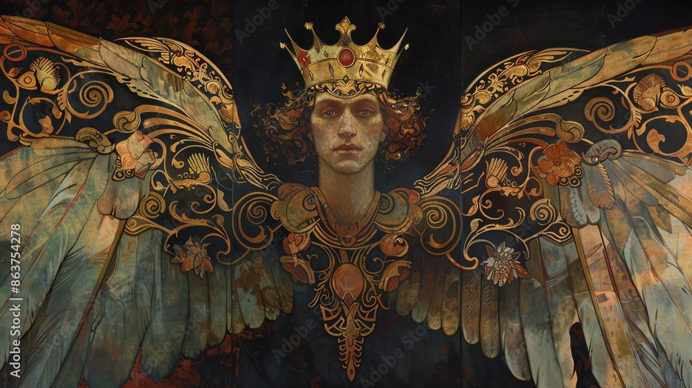 Crocell A winged man with a regal crown, depicted with ornate and ...