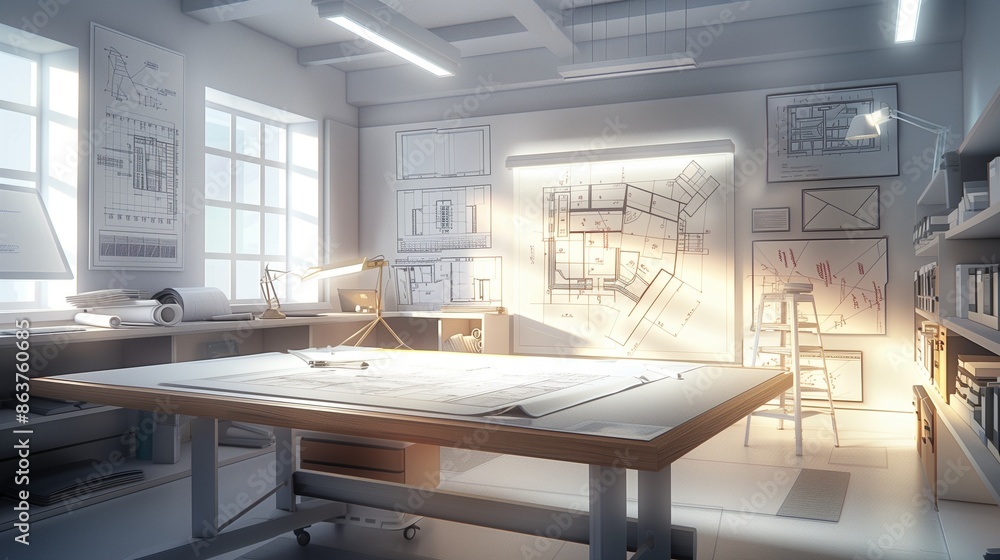 An architecta??s office with a large drafting table, bright task ...
