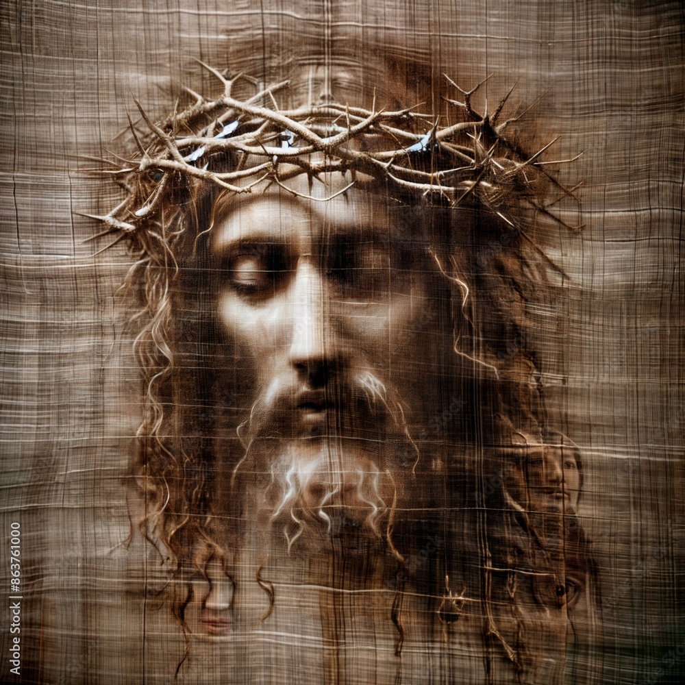 Jesus Christ crowned with thorns. sacred mantle. image generated with ...