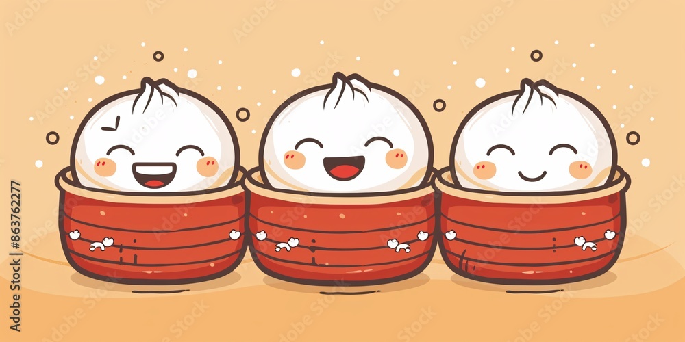 Design of Asian dumplings featuring a cartoon character. Traditional ...