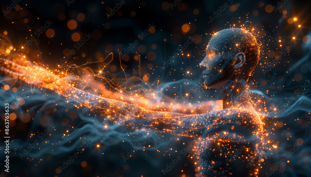Abstract digital human body shape from glowing particles and lines on ...