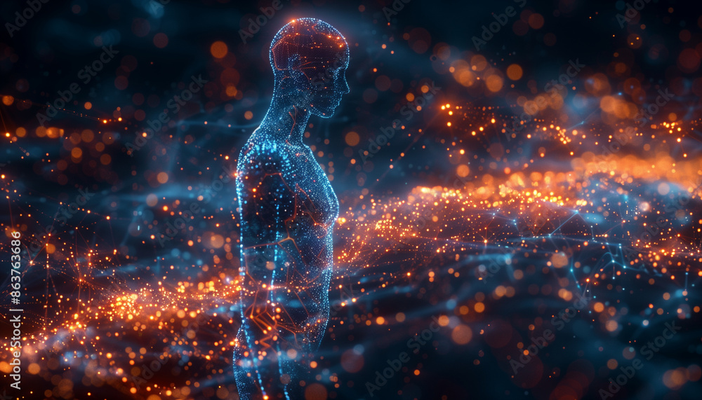 Abstract digital human body shape from glowing particles and lines on ...