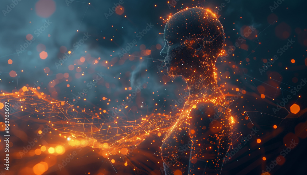 Abstract digital human body shape from glowing particles and lines on ...