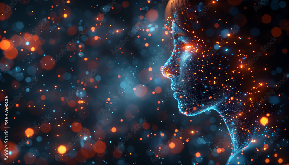 Abstract digital human body shape from glowing particles and lines on ...