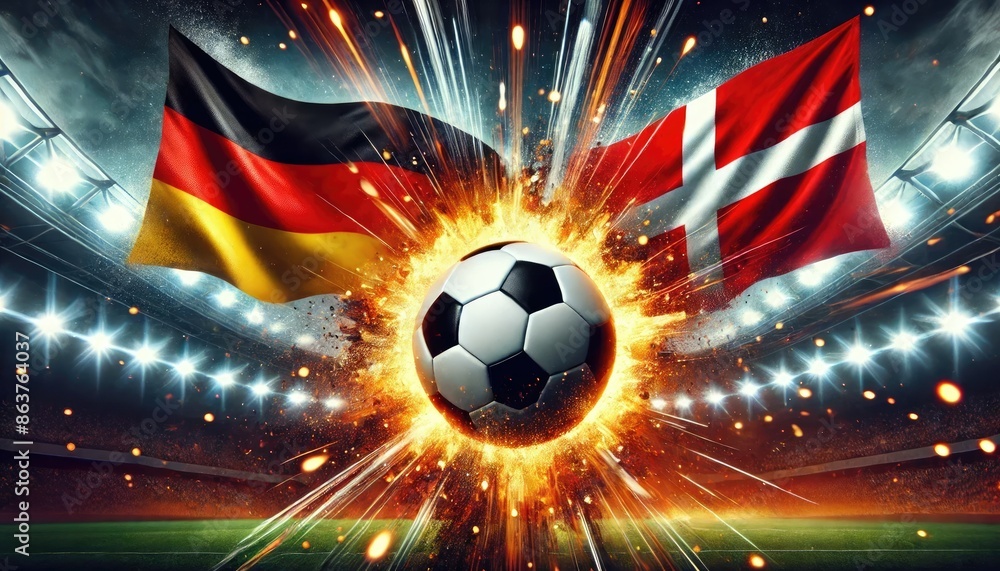 Germany vs Denmark football match, German flag and Danish flag, soccer ...