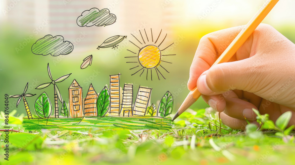 Hand drawing a concept of green energy and ecology with pencil on a ...