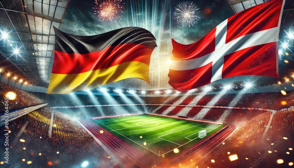 Germany vs Denmark football match, German flag and Danish flag and ...
