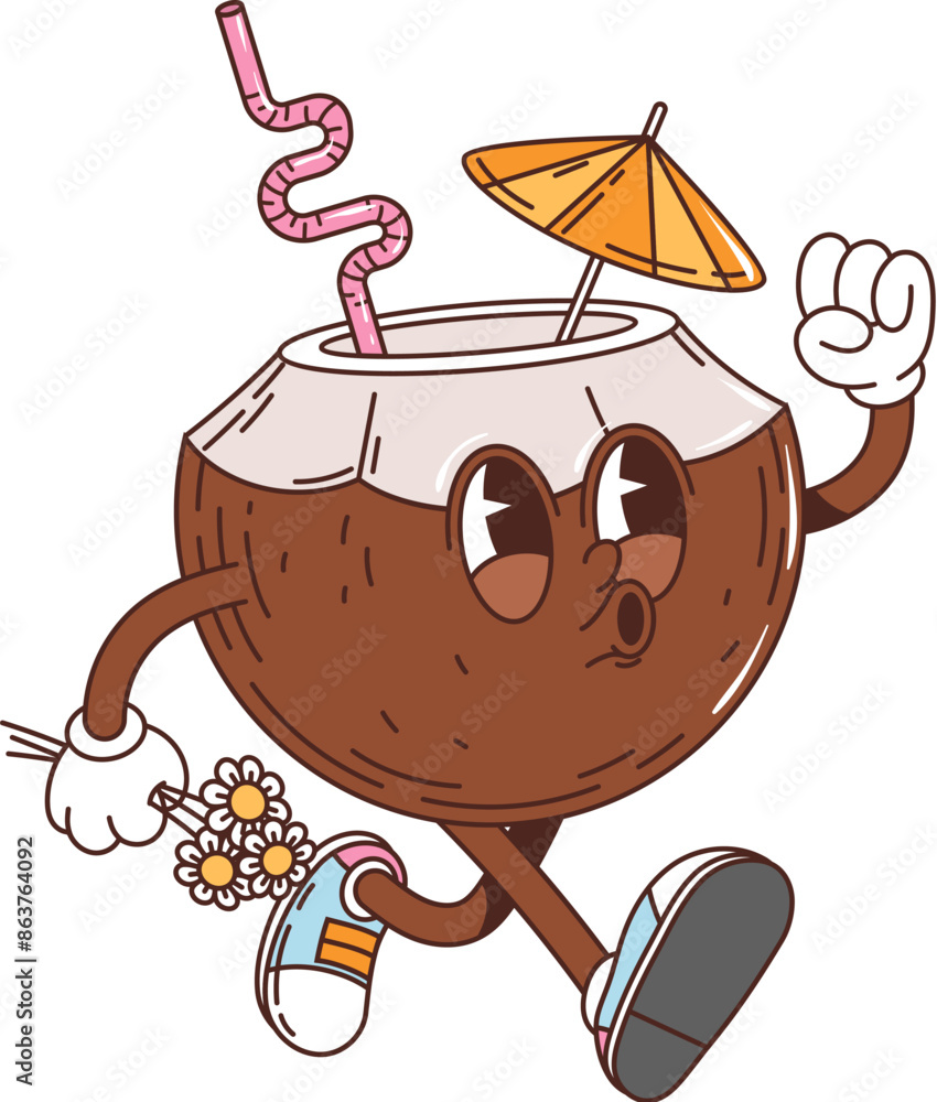 Retro groovy coconut drink character with pink curly straw and a small ...