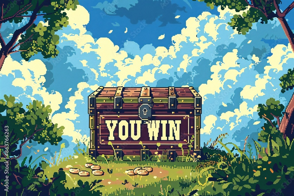 Pixel art background with victory message, 8-bit game screen, computer game success with coins ...