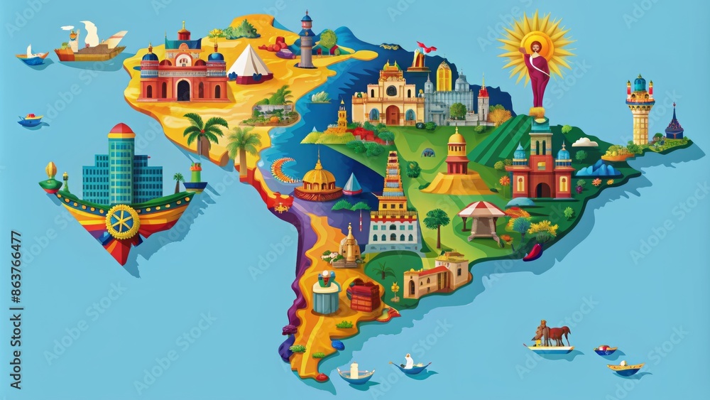 Vibrant colors decorate a stylized Latin America map showcasing iconic ...