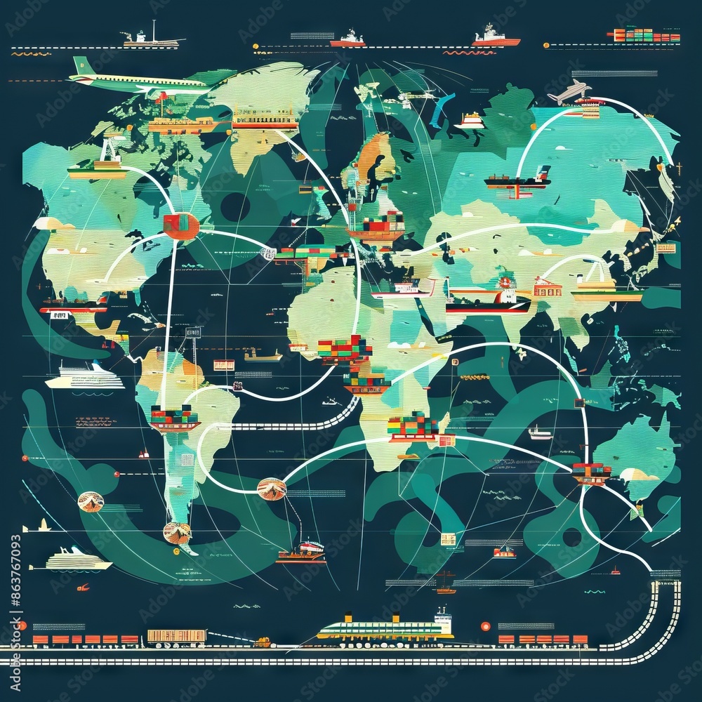 Global Map with Transport Routes: â€¢ A 3D vector illustration of a ...