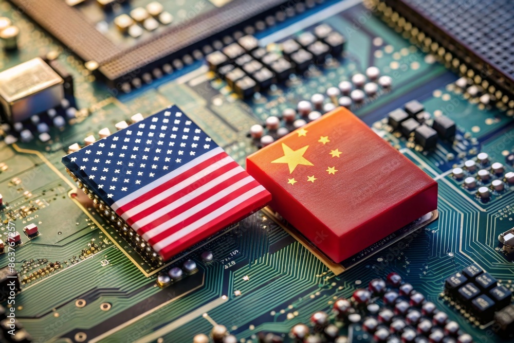 Flag of USA and China on a processor, CPU or GPU microchip on a ...