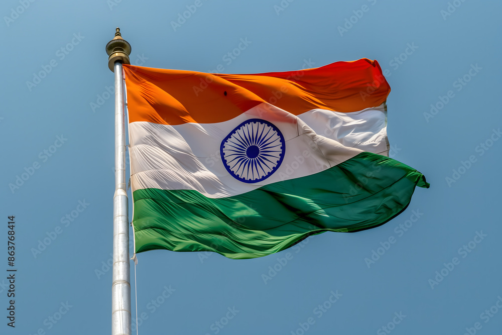 Detailed Indian tricolor flag against a bright sky. Representation of ...