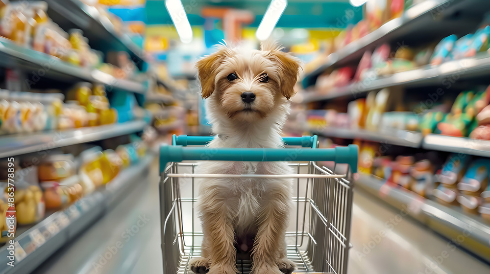 Cute funny dog in grocery store shopping in supermarket. puppy dog ...