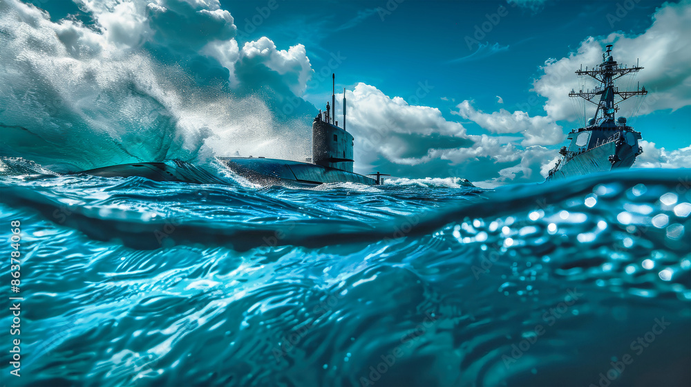 A submarine surfaces in the ocean, with a destroyer in the background ...