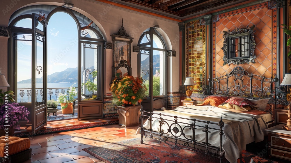 A guest room with a luxurious, Mediterranean style, showcasing a ...