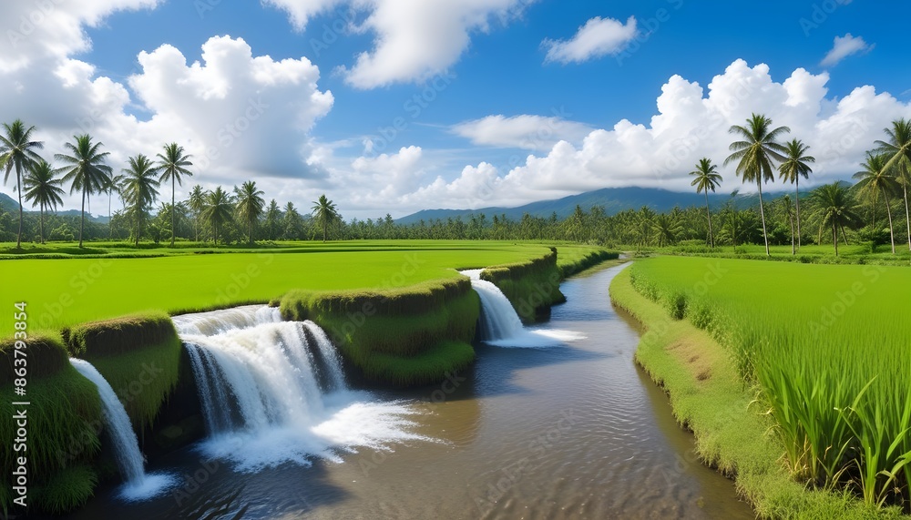 "Scenic Tropical Rice Terraces with Waterfalls and Palm Trees","Lush ...