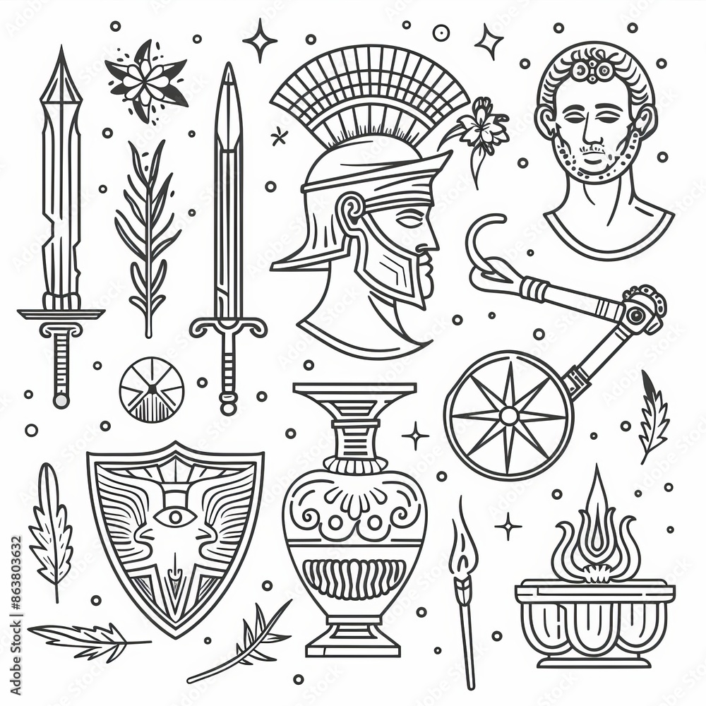 An ancient Greek emperor in a laurel wreath with amphora and soldier ...