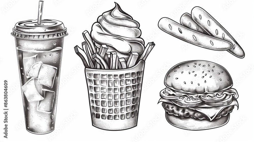 The art of sketching fast food meals isolated in waffle cones, soda ...