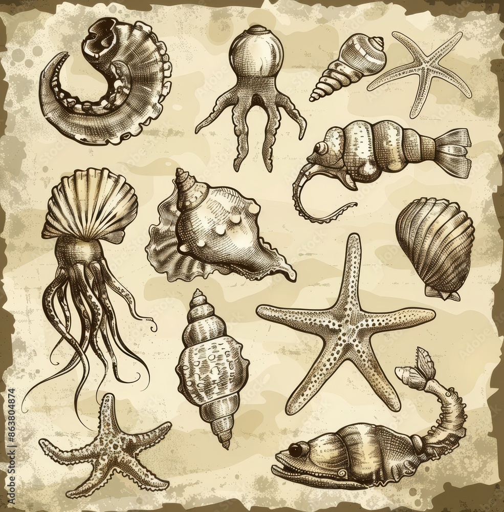 Mollusc sketches featuring octopus, cuttlefish, and scallops. Sea-life ...