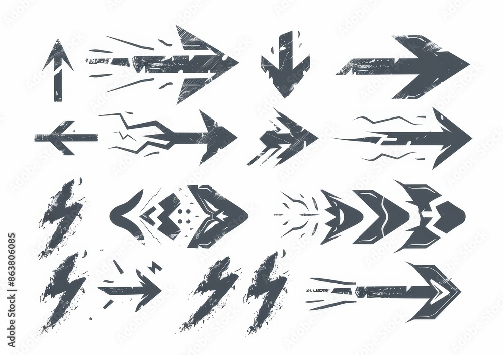 Symbols depicting lightning thunderbolt comic arrows, monochrome ...