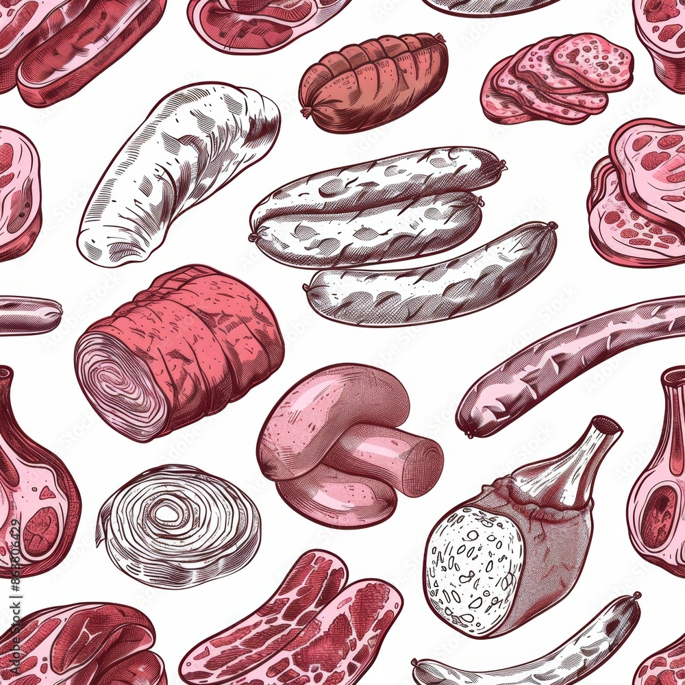 This modern seamless pattern depicts meat products: butchery and ...
