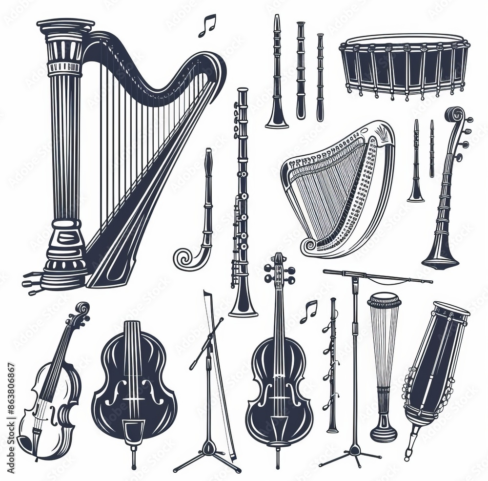 Modern icons of harp, bugle, cornet, clarinet, balalaika, lyre and tuba ...