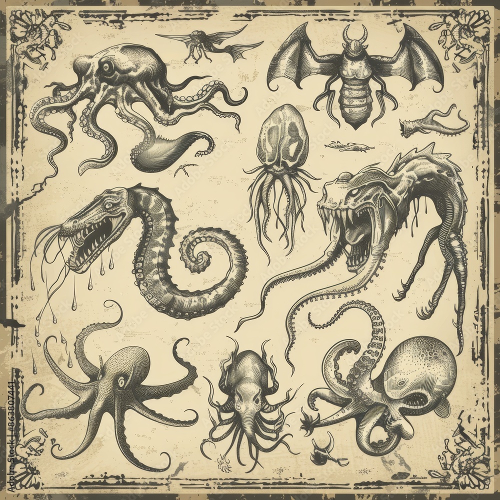 Serpent, dragon, leviathan sketch. Ocean mythology monsters and hand ...