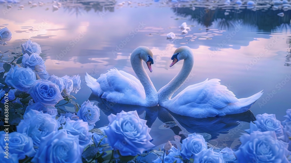 A fantasy landscape featuring two swans nestled among soft blue rose ...