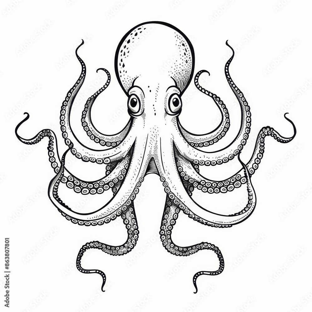 Squid, hand drawn hooked squid with elongated bodies, seafood ...