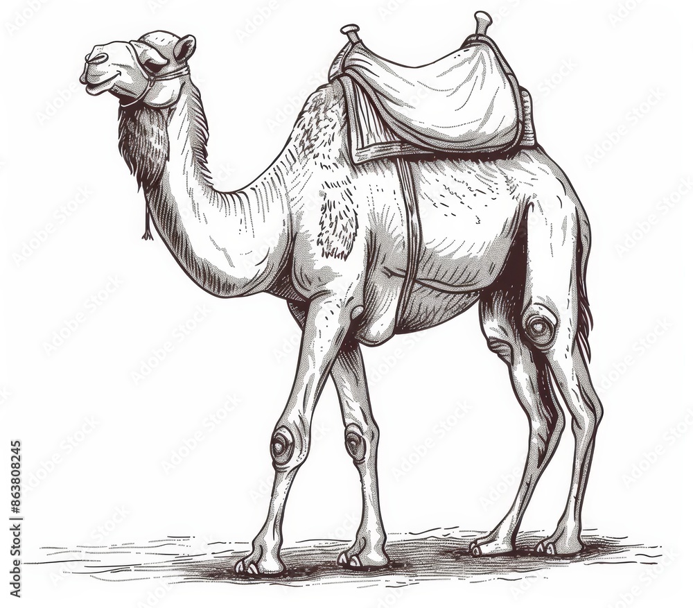 Hand-drawn sketch of a camel dromedary in saddle harness, an Egyptian ...