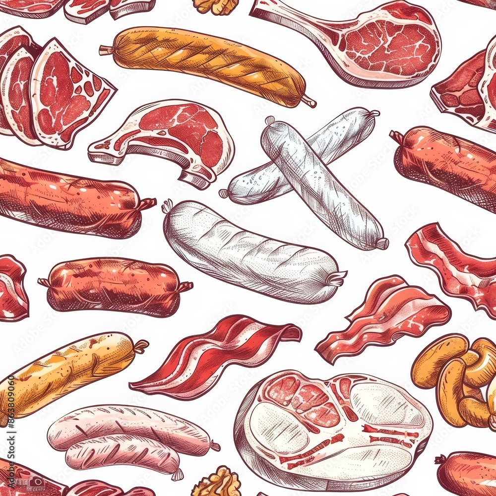 The modern seamless pattern for meat products shows the end product to ...