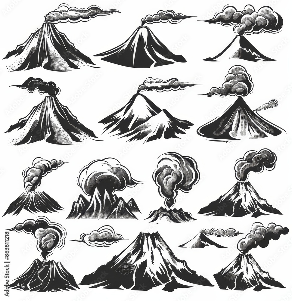 Island mountains and volcano sketch, modern treasure map landscape ...