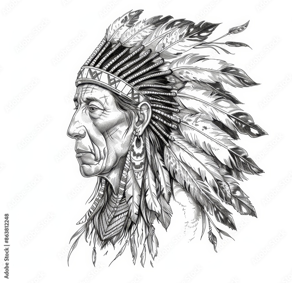 An Indian chief warrior in traditional dress with eagle feathers as a ...