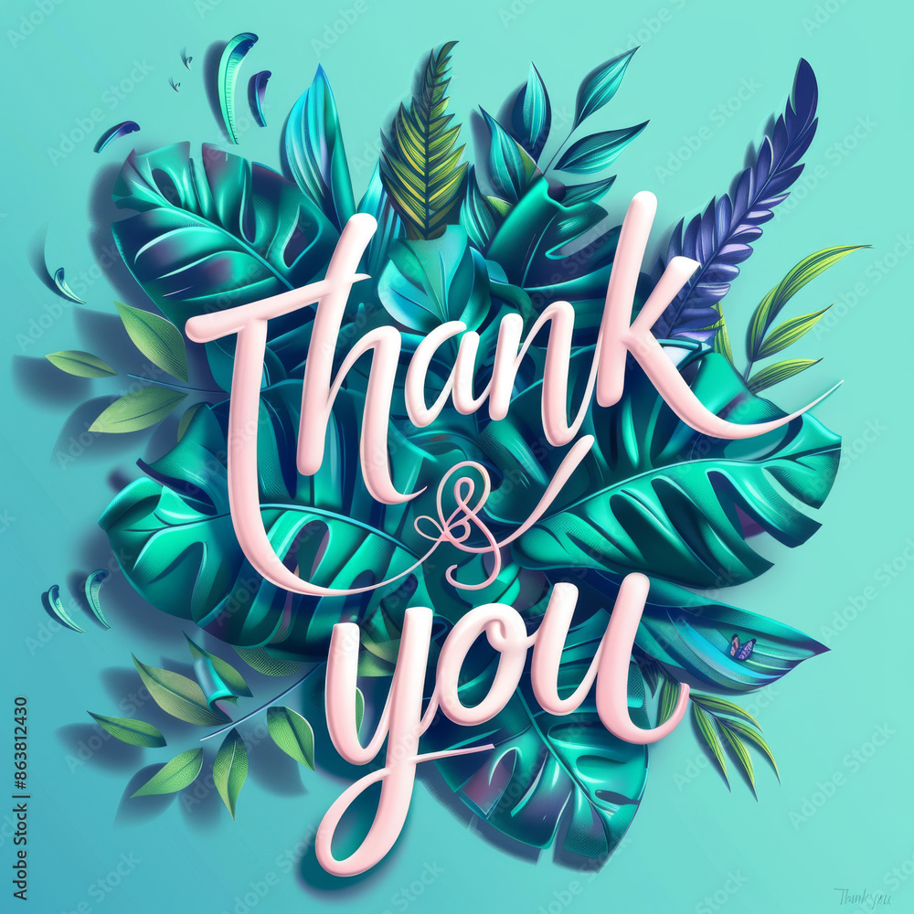 Creative thank you card design "Thank you" lettering with a leaf on a ...