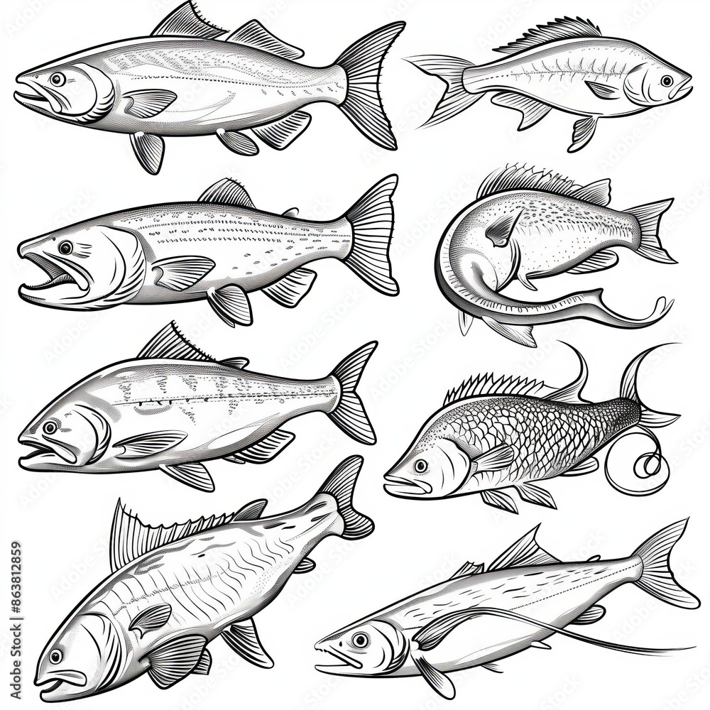 Sketch of isolated fish, sport or fish market theme. Salmon, tuna and ...