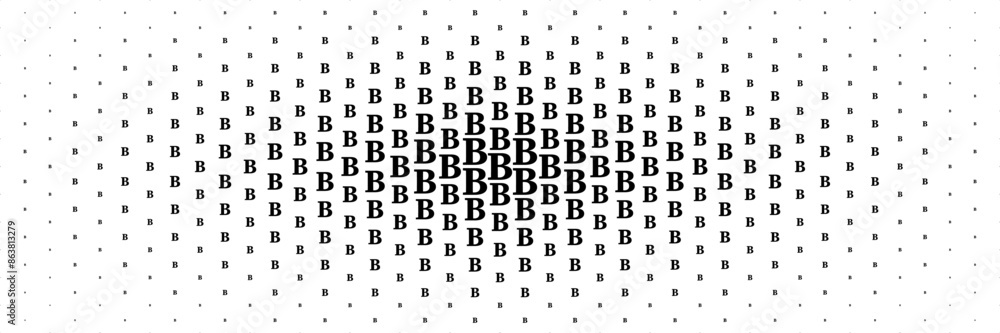 horizontal halftone of black capital letter b spreading from center for ...