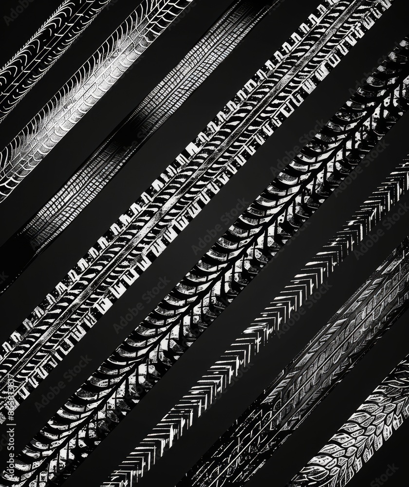 Abstract monochrome pattern, graphic texture set with tyre tracks and ...