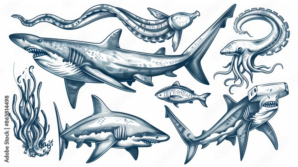 Modern sketches of squids, sharks, and hammerhead shark creatures ...