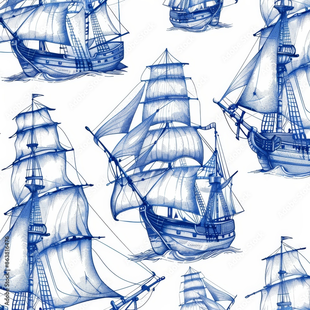 Seamless pattern with sailing ships, corvettes, frigates, and ...