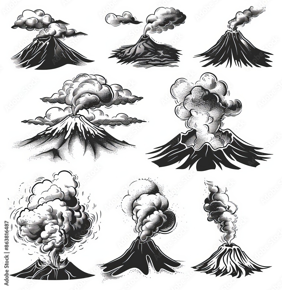 Sketch etching tropical cove bay and volcanic mountains on island coast ...