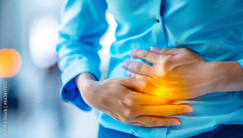 woman holding stomach in pain, abdominal discomfort, healthcare ...