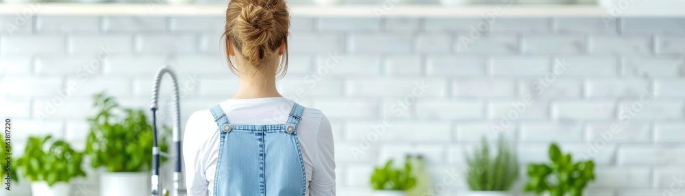 woman in white shirt and blue overalls standing in modern kitchen with ...