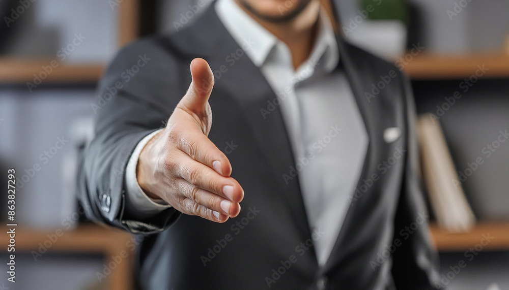 Person in a business suit extending their hand for a handshake, blurred ...