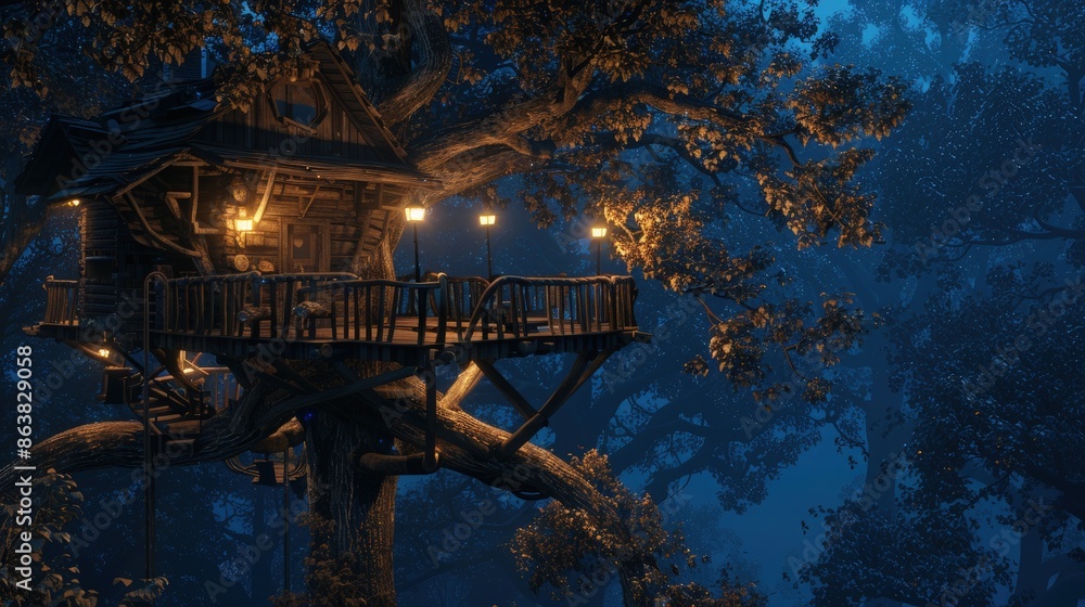 A sturdy, wooden treehouse with a wide deck lit by strategically placed ...