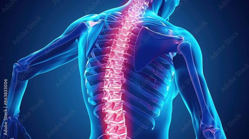 3D illustration of a human spine with a highlighted painful area ...